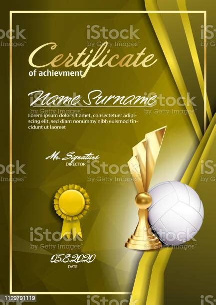 골든 컵 벡터와 배구 게임 인증서 디플로마입니다 스포츠 대학원 챔피언입니다 최고 상금입니다 우승자의 트로피 A4의 수직 일러스트