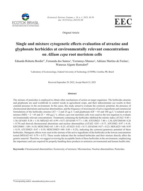 Pdf Single And Mixture Cytogenetic Effects Evaluation Of Atrazine And Glyphosate Herbicides At