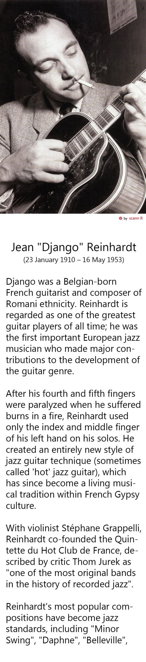Jean Django Reinhardt 23 January 1910 16 May 1953 Was A Belgian
