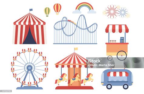 놀이 공원 아이콘 세트 롤러 코스터 회전 목마 또는 메리 고 라운드 서커스 텐트 관람차 펑페어 회전 목마 열기구 벡터 플랫 일러스트 레이 션 Carnival에 대한 스톡
