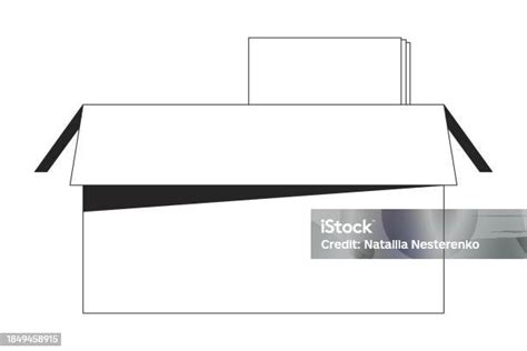 Open Cardboard Box With Documents Black And White 2d Line Cartoon