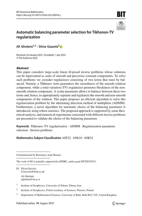 Pdf Automatic Balancing Parameter Selection For Tikhonov Tv Regularization