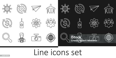 라인 아웃소싱 개념 프로젝트 팀 베이스 종이 비행기 원격 제어 투자 반환 관리 제품 개발 및 기어 및 화살표 워크플로 아이콘을 설정합니다 벡터 벡터에 대한 스톡 벡터 아트