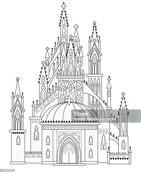 서유럽의 중세 고딕 양식의 성의 판타지 그림입니다 동화 나라의 왕국 색칠 공부를 위한 흑백 페이지입니다 어린이와 성인을 위한 워크시트 벡터 일러스트 레이 션입니다 0명에