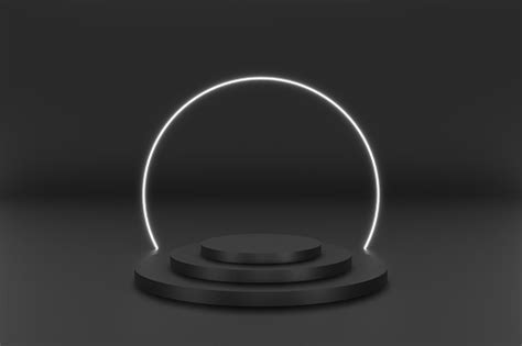 제품 배경 단계 또는 연단을 위한 3d 플랫폼 까만 색깔 및 반지 원형 네온 백색 색깔을 가진 공백 전시 플랫폼 3d