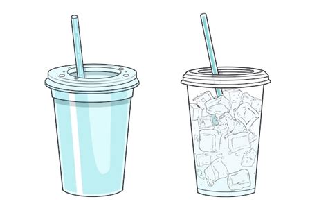 흰색 배경 벡터 만화 그림에 뚜껑이 분리된 테이크아웃 플라스틱 유리에 얼음 조각이 있는 물 프리미엄 벡터