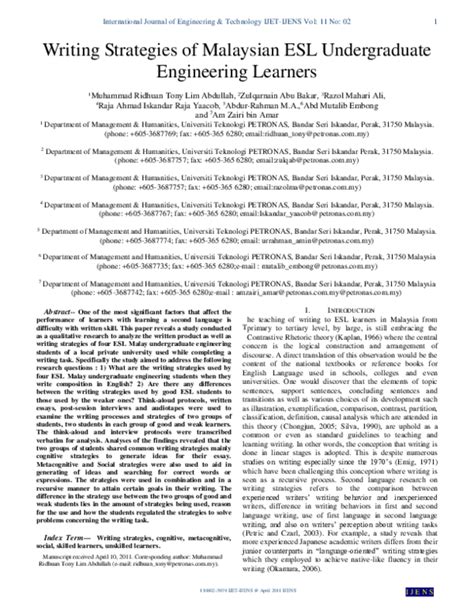 Pdf Writing Strategies Of Malaysian Esl Undergraduate Engineering Learners