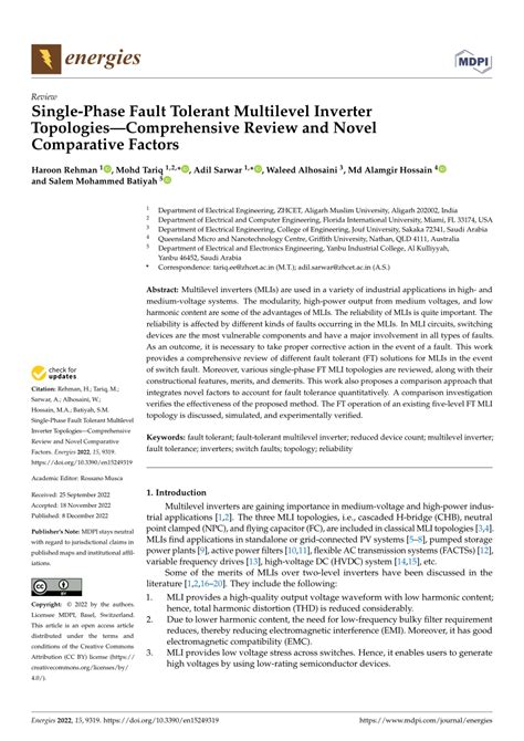 Pdf Single Phase Fault Tolerant Multilevel Inverter Topologies—comprehensive Review And Novel