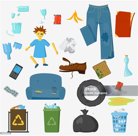 쓰레기 벡터 설정된 쓰레기 가방 산업 생태 종이 재활용 처리 상자 병 수 개념 활용 깨짐에 대한 스톡 벡터 아트 및 기타 이미지 깨짐 완구류 가구 Istock