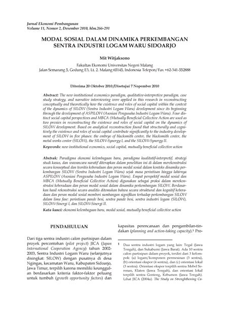 Modal Jurnal Ekonomi Pembangunan Volume 11 Nomor 2 Desember 2010 Hlm Modal Sosial Dalam