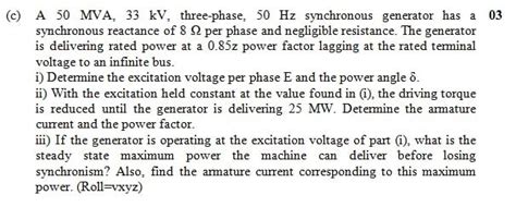 Solved C A MVA KV Three Phase Hz Synchronous Chegg Com