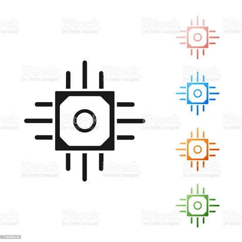 흰색 배경에 격리된 검은색 프로세서 아이콘입니다 Cpu 중앙 처리 장치 마이크로 칩 마이크로 회로 컴퓨터 프로세서 칩 다채로운 아이콘을 설정합니다 벡터 일러스트레이션 0명에