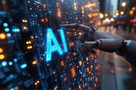 Futuristic Ai Technology Robotic Hand Interacting With Illuminated Circuit Board Stock