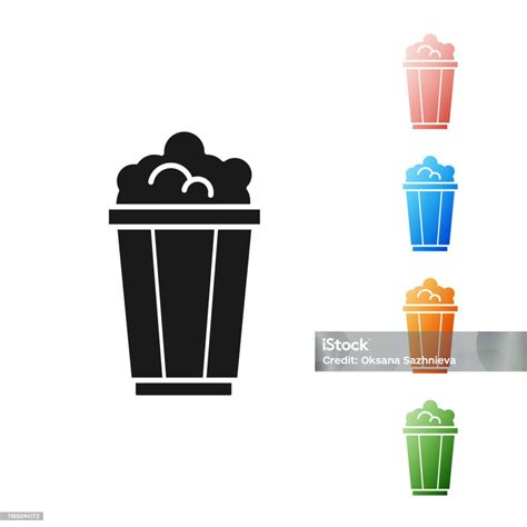 흰색 배경에 고립 된 골판지 상자 아이콘에 검은 팝콘 팝콘 버킷 박스 다채로운 아이콘을 설정합니다 벡터 일러스트레이션 가득 찬에 대한 스톡 벡터 아트 및 기타 이미지