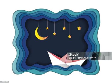 배 달 빛 아래 바다에서 항해 이며 굿 나 잇과 달콤한 꿈 종이 접기 모바일 개념 벡터 일러스트 레이 션 종이 아트 스타일 별 개념에 대한 스톡 벡터 아트 및 기타 이미지