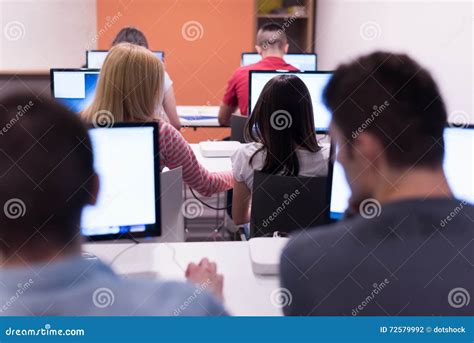 Technology Students Group Working In Computer Lab School Class Stock