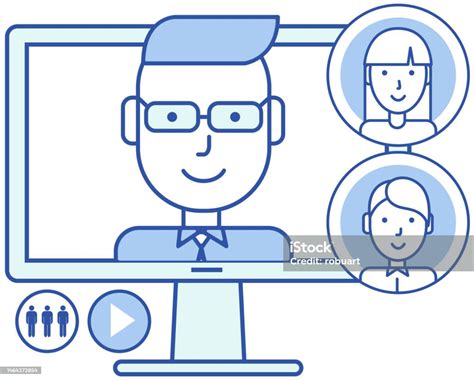모니터에서 화상 회의 중 남자 가상 커뮤니케이션 팀워크 및 온라인 통화 프로그램 개념에 대한 스톡 벡터 아트 및 기타 이미지 개념 그래픽 사용자 인터페이스 남자