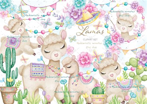 Cute Pastel Lama Clipart Alpaca Clipart Mexican Fiesta Alpaca Party Clipart Commercial Use
