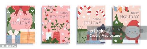 평면 디자인의 행복한 휴일 표지 브로셔 세트 축제 장식 화환 선물 조명 화환 랜턴 사탕 장난감이 있는 나무 산타클로스 모자를 쓴 눈사람이 있는 포스터 템플릿 벡터 일러스트