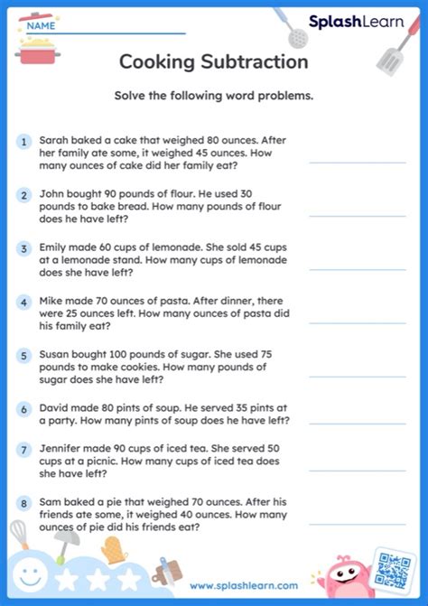 Subtract Within 100 Cooking Word Problems Worksheet