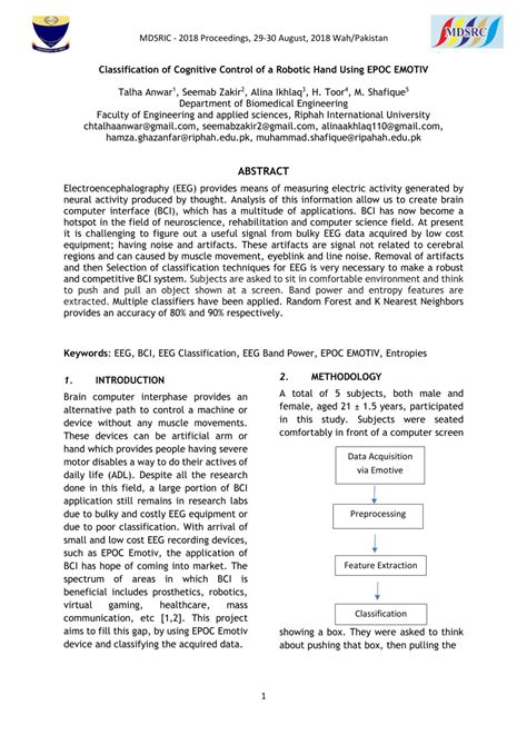 PDF Classification Of Cognitive Control Of A Robotic Hand Using EPOC