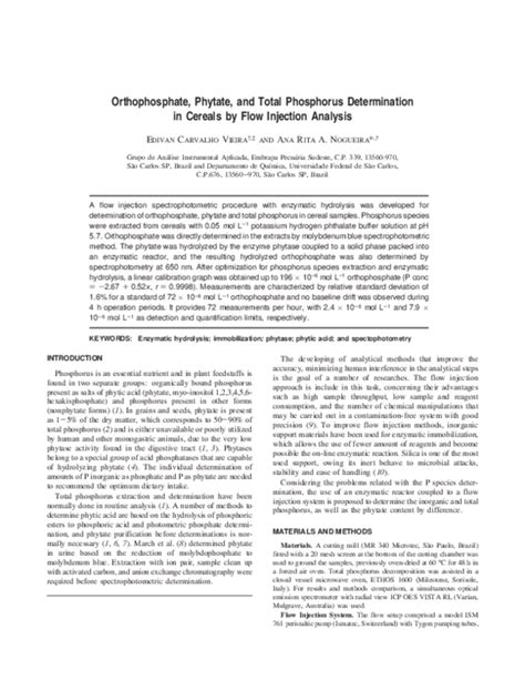 Pdf Orthophosphate Phytate And Total Phosphorus Determination In Cereals By Flow Injection