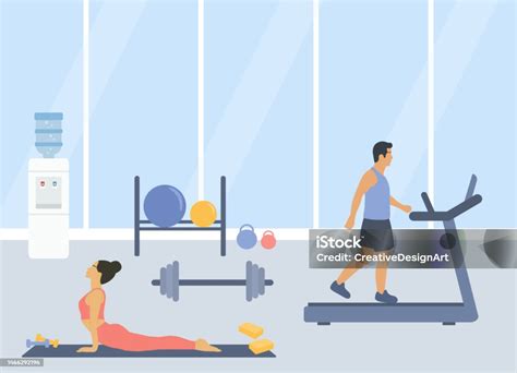 러닝머신을 걷는 남자와 요가를 연습하는 젊은 여자가 있는 체육관 인테리어 필라테스 공 바벨 러닝머신이 있는 건강한 라이프스타일