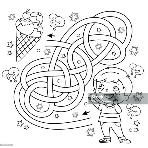 미로 또는 미로 게임 수수께끼 얽힌 도로 색칠 페이지 아이스크림어린 소년의 윤곽선 새해 크리스마스 아이들을위한 색칠 공부책