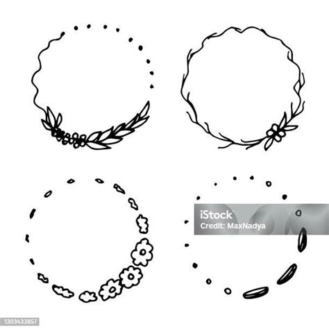 아름다운 패턴 둥근 꽃 프레임 화환 꽃 잎 열매 스파이크의 검은 윤곽 라벨 인쇄 화장품 미용실 상점 엽서 초대장 손으로 그린
