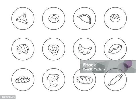 검은 색 선형 베이커리 아이콘 세트 격리된 벡터 요소입니다 과자 빵 빵 덩어리 파이 베이글 크루아상 치즈 케이크 스트레칭 0명에