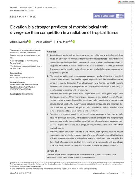 2021 Slavenko Elevation Is A Stronger Predictor Of Morphological Trait Divergence Than Pdf