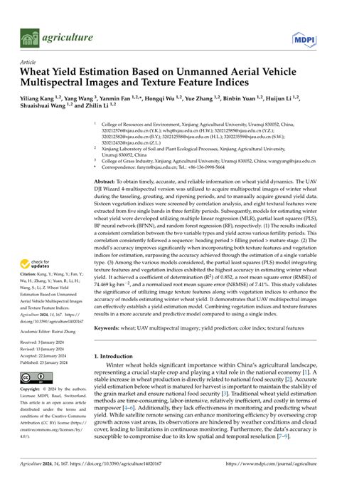 Pdf Wheat Yield Estimation Based On Unmanned Aerial Vehicle Multispectral Images And Texture
