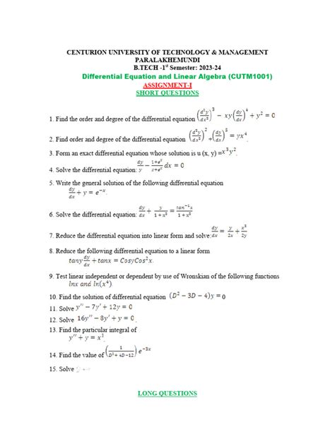 Assignments Differential Equation And Linear Algebra Cutm1001 Pdf Eigenvalues And