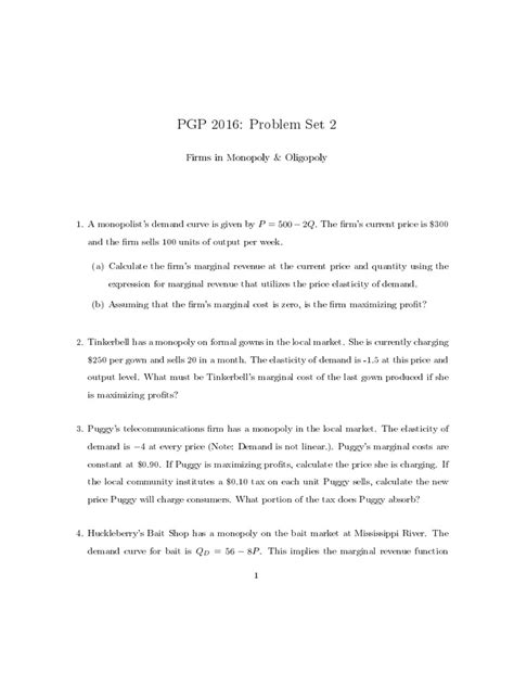 Microeconomics Problem Set 2 Monopoly And Oligopoly Pdf