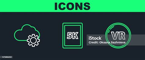 라인 가상 현실 클라우드 기술 데이터 전송 및 저장 및 텍스트 5k 아이콘이있는 태블릿을 설정합니다 벡터 3차원 형태에 대한 스톡 벡터 아트 및 기타 이미지 Istock