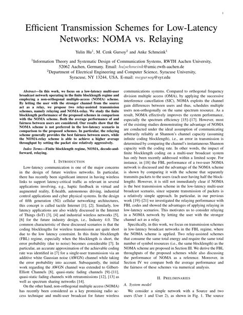 Pdf Efficient Transmission Schemes For Low Latency Networks Noma Vs