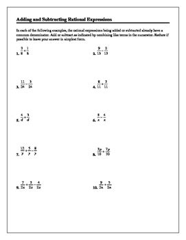Algebra Tutorial Worksheets Adding And Subtracting Rational Expressions Worksheets Library