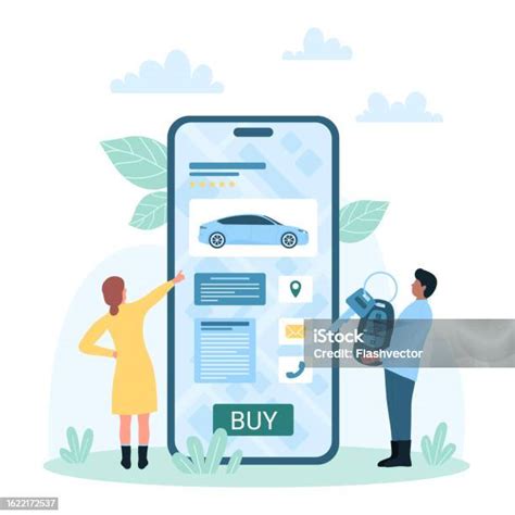 온라인 자동차 검색 작은 사람들은 모바일 앱에서 딜러 또는 소유자의 광고를 확인합니다 자동차 대리점에 대한 스톡 벡터 아트 및