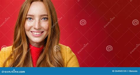 Headshot Of Hopeful And Happy Young Redhead 20s Girlfriend With Cute