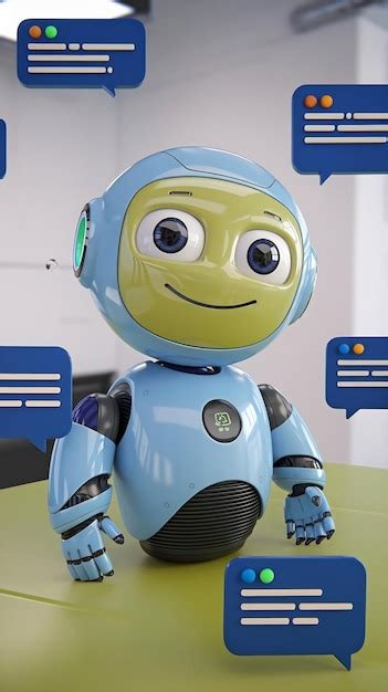 3d Rendering Smiling Robot With Mock Up Texts Bubbles And Messages