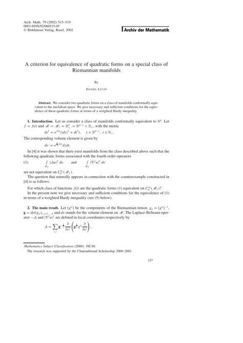Pdf A Criterion For Equivalence Of Quadratic Forms On A Special Class Of Riemannian Manifolds
