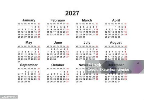 2027 월요일 시작 가로 흑백 빨강 달력 템플릿 포켓 또는 벽 달력의 간단한 레이아웃 미니멀한 디자인의 연간 문구류 정리함 0명에 대한 스톡 벡터 아트 및 기타 이미지