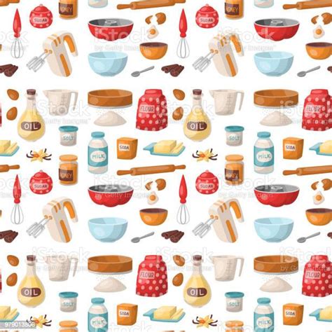 요리 재료 주방 용품 수 제 음식 준비 베이커 원활한 패턴 배경 벡터 일러스트 레이 션 준비 생 과자 굽기 음식 재료에 대한 스톡 벡터 아트 및 기타 이미지 Istock