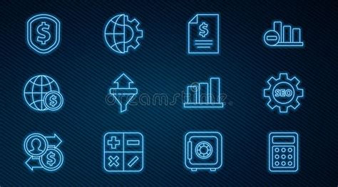 Set Line Calculator Seo Tag With Gear Wheel Contract Money Sales Funnel Arrows Earth Globe