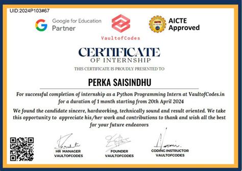 Saisindhu Perka On Linkedin Vaultofcodes Pythonprogramming Internship Internshipcompletion