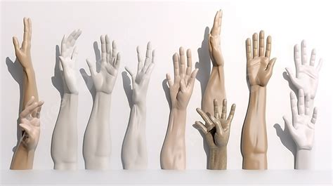 รูปมือสไตล์การ์ตูนง่ายๆในภาพประกอบ 3 มิติแสดงท่าทางต่างๆโดยมือที่แยกออกมาบนพื้นหลังสีขาว มือ