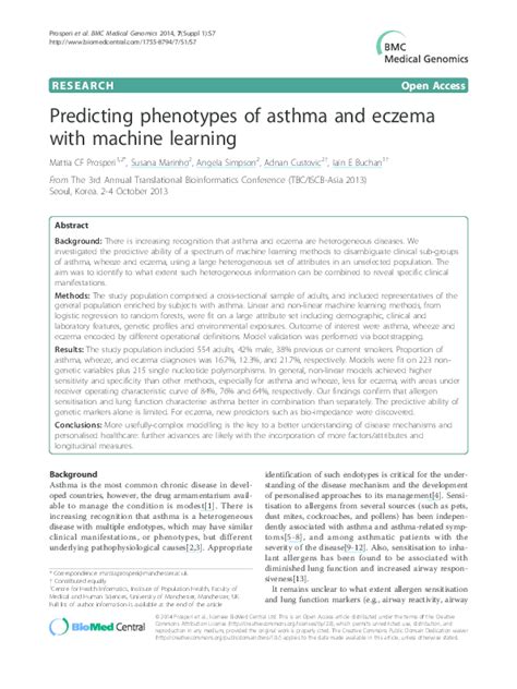 Pdf Predicting Phenotypes Of Asthma And Eczema With Machine Learning