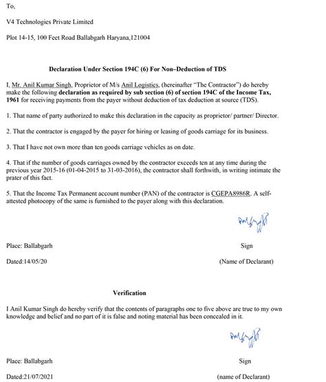 Transporters Declaration For Nondeduction Of Tds U S 194c Drafting Hot Sex Picture