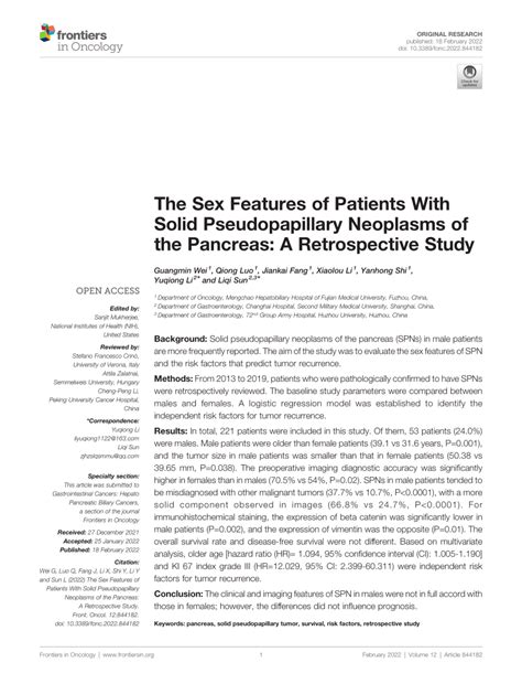 Pdf The Sex Features Of Patients With Solid Pseudopapillary Neoplasms Of The Pancreas A