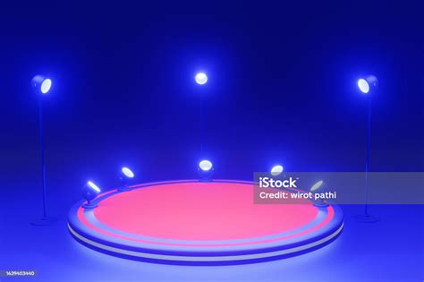 파란색 우승자 무대 조명이 켜진 스포츠 광원이 있는 빈 연단 투광 램프 제품 플랫폼 개념입니다 광고 디스플레이 영사기 3d 렌더링 0명에 대한 스톡 사진 및 기타 이미지